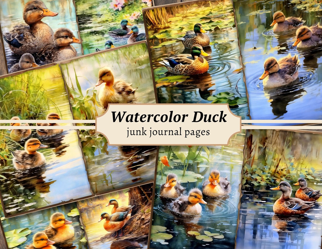 Watercolor Duck Junk Journal Pages, Digital Scrapbook Paper Kit, Bird ...