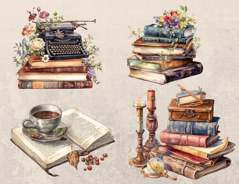 Watercolor Books Clipart, Vintage Books Clip Art, Antique Book PNG ...