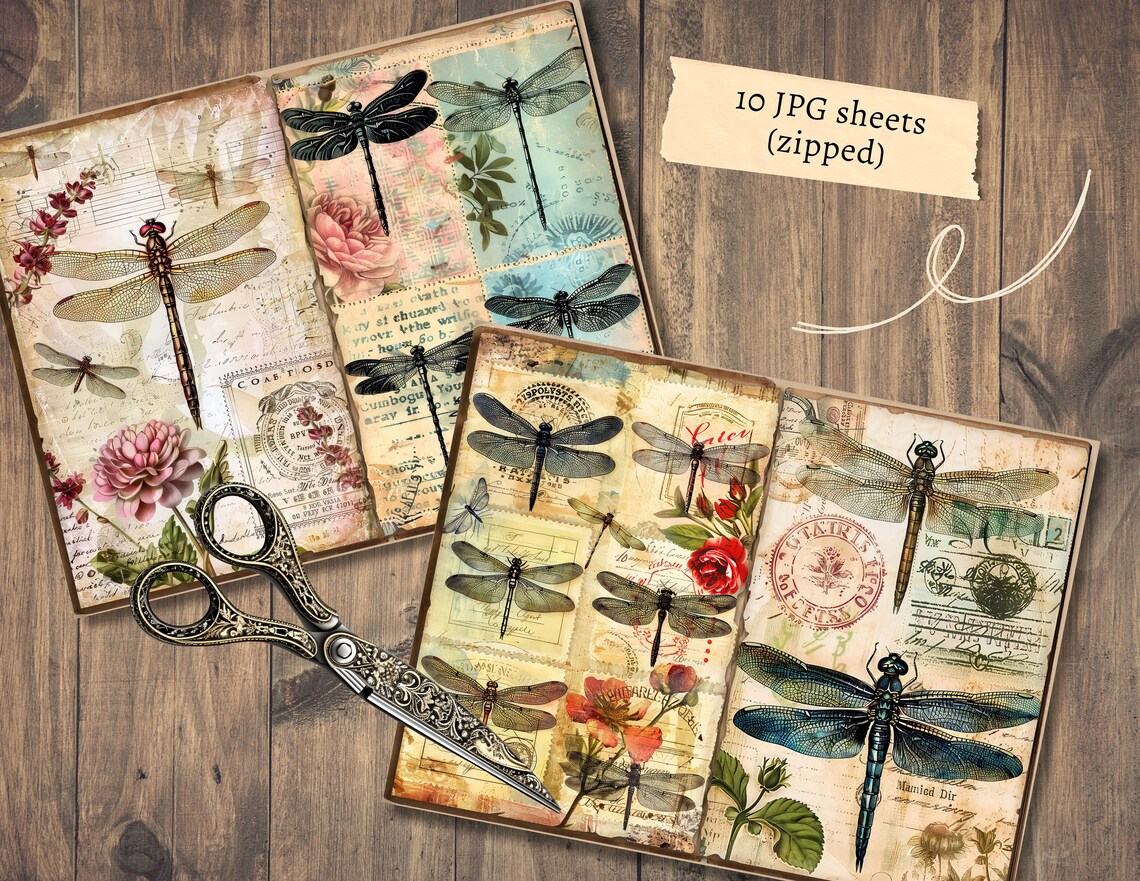 Dragonfly Junk Journal Pages, Digital Scrapbook Paper Kit, Dragonfly ...