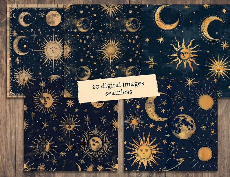 Sun & Moon Seamless Digital Papers, Scrapbook Background Kit, Celestial ...