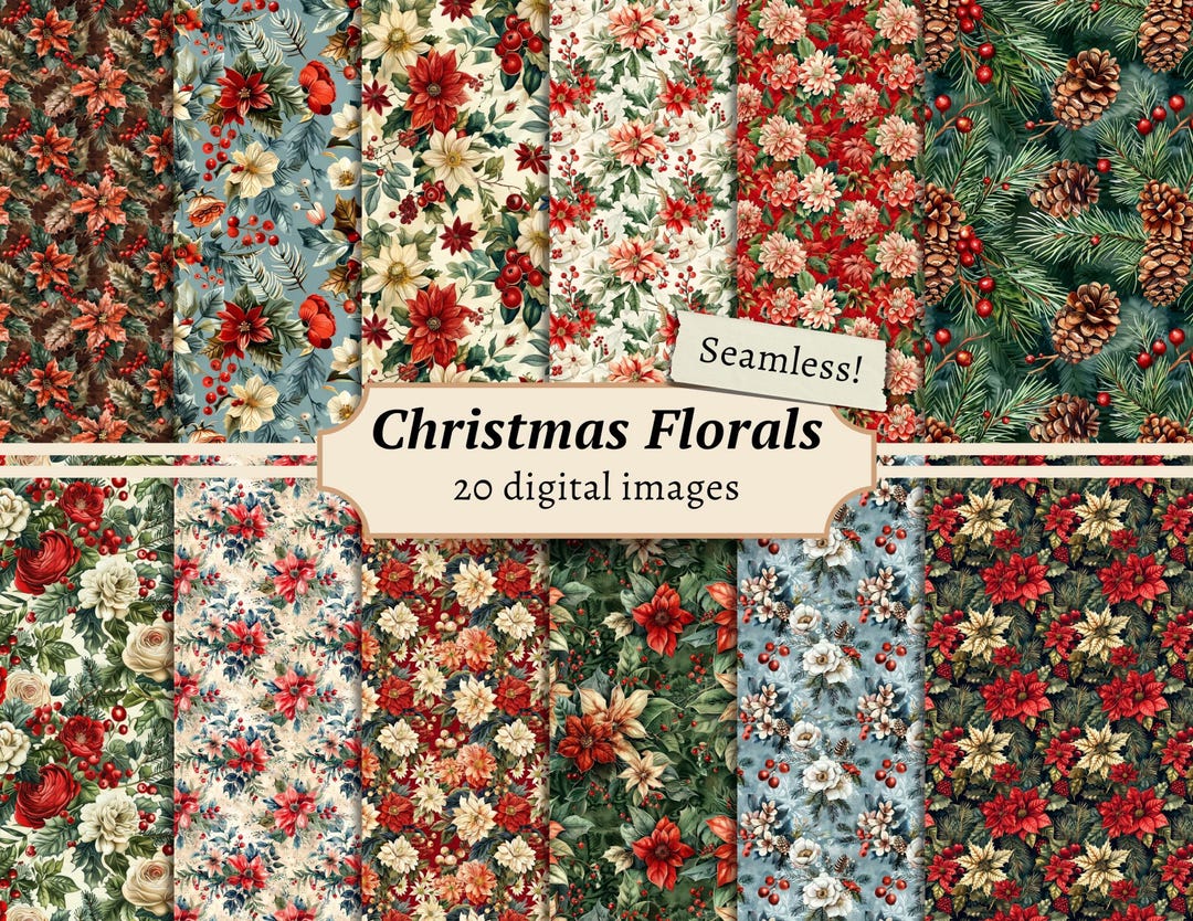 Christmas Florals Digital Papers, Scrapbook Backgrounds, Holidays ...
