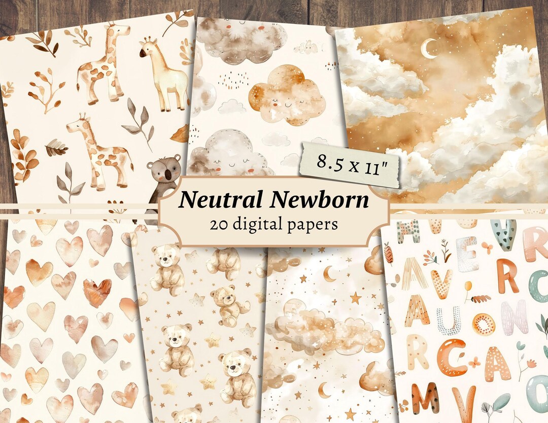 Neutral Newborn Digital Papers, Scrapbook Kit, Boho Baby Nursery ...