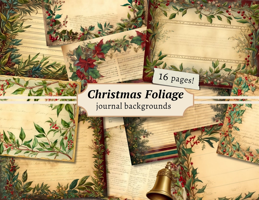 Christmas Foliage Backgrounds, Digital Scrapbook Paper Kit, Printable ...