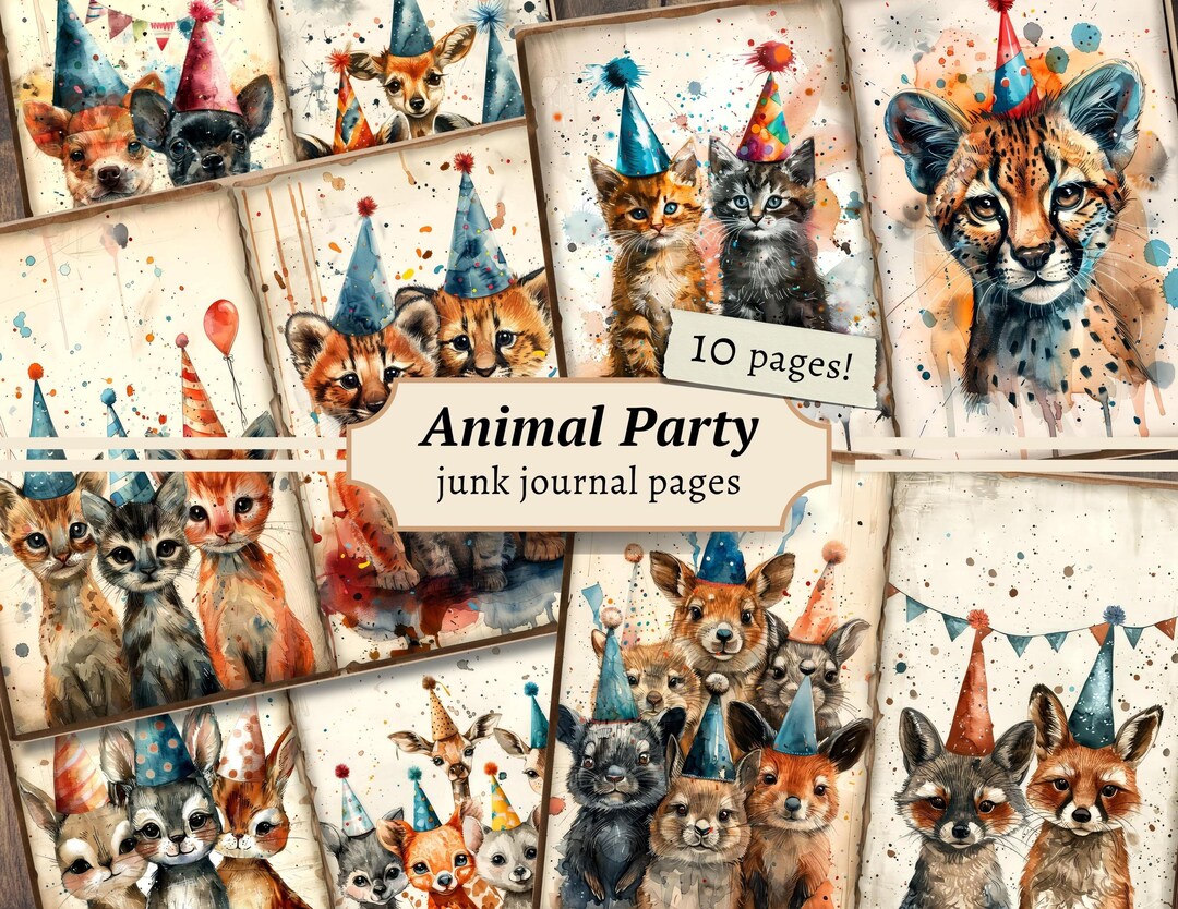 Animal Party Junk Journal Pages, Digital Scrapbook Paper, Animals With ...