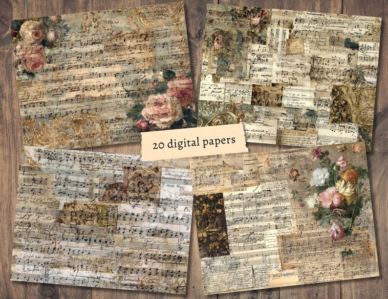 Sheet Music Collage Printable Paper Pack, Old Junk Journal Page ...