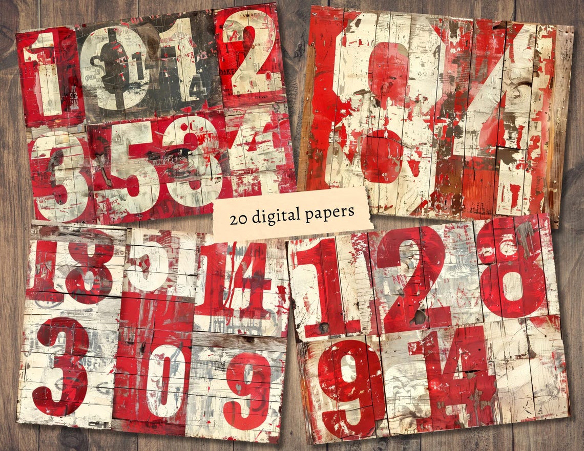 Grunge Number Backgrounds, Textured Junk Journal Pages, Digital ...