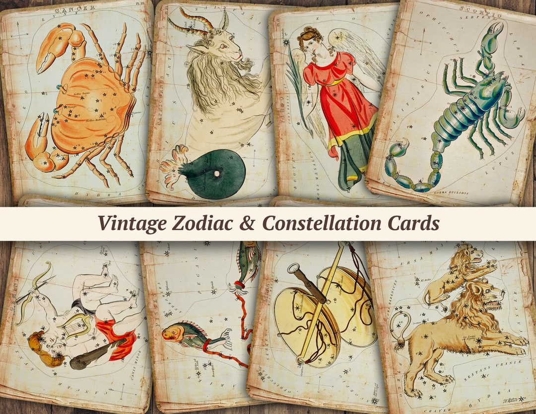 Vintage Zodiac Sign Cards | 20 Pc | Digital Celestial Junk Journal ...