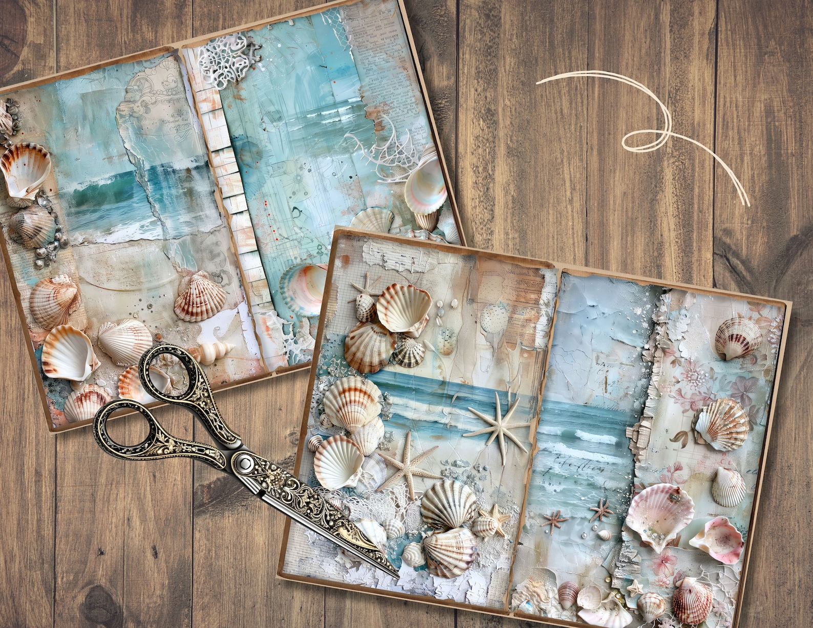 Shabby Shells Junk Journal Pages, Digital Scrapbook Paper Kit, Coastal ...