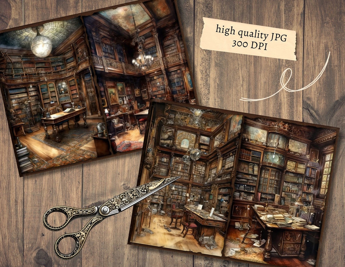 Old Library Junk Journal Pages, Digital Scrapbook Paper, Printable ...
