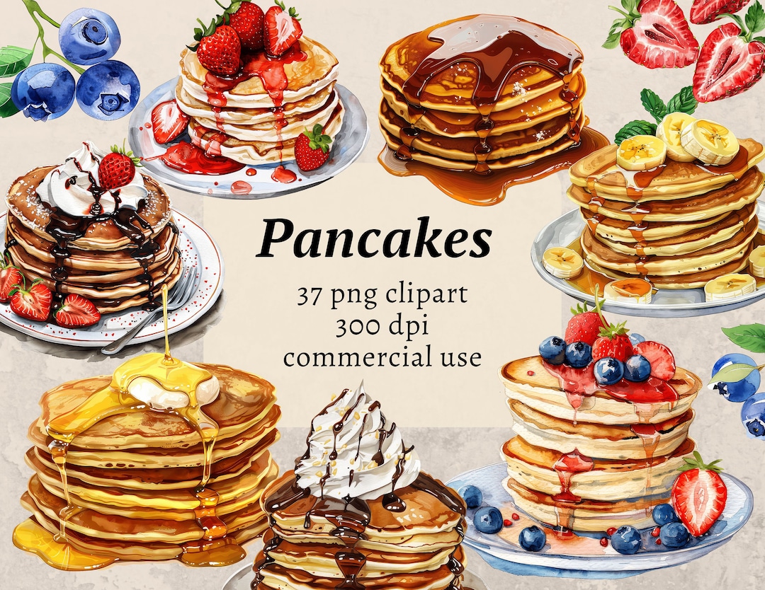 Watercolor Pancakes Clipart, Breakfast Clip Art, Strawberry PNG Bundle ...