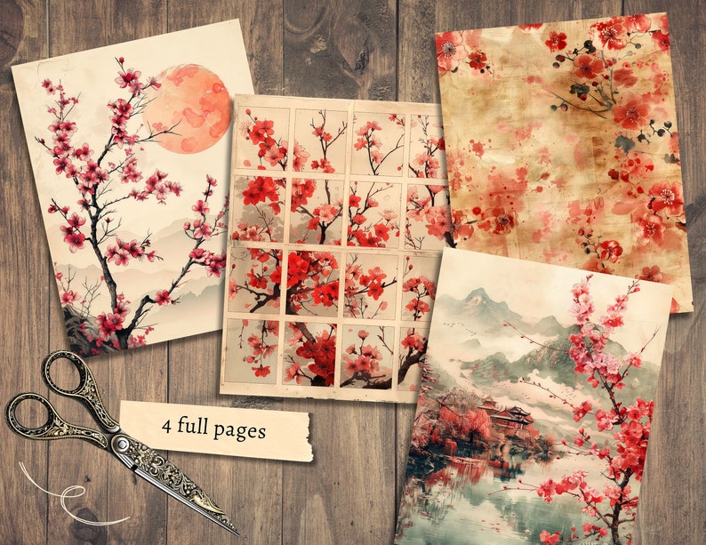Japan Junk Journal Kit, Digital Scrapbook Paper, Cherry Blossom ...