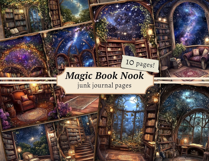 Magic Book Nook Junk Journal Pages, Digital Scrapbook, Midnight Paper Kit, Reading Printable ...