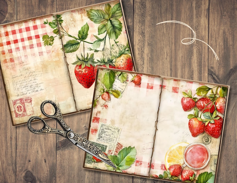 Strawberry Junk Journal Pages, Digital Scrapbook Paper, Gingham ...