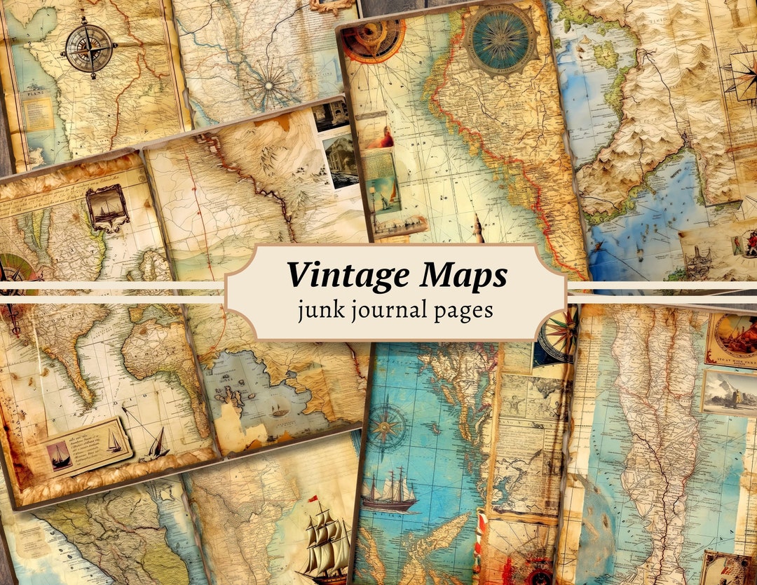 Vintage Maps Junk Journal Pages, Digital Scrapbook Paper Kit, Travel ...