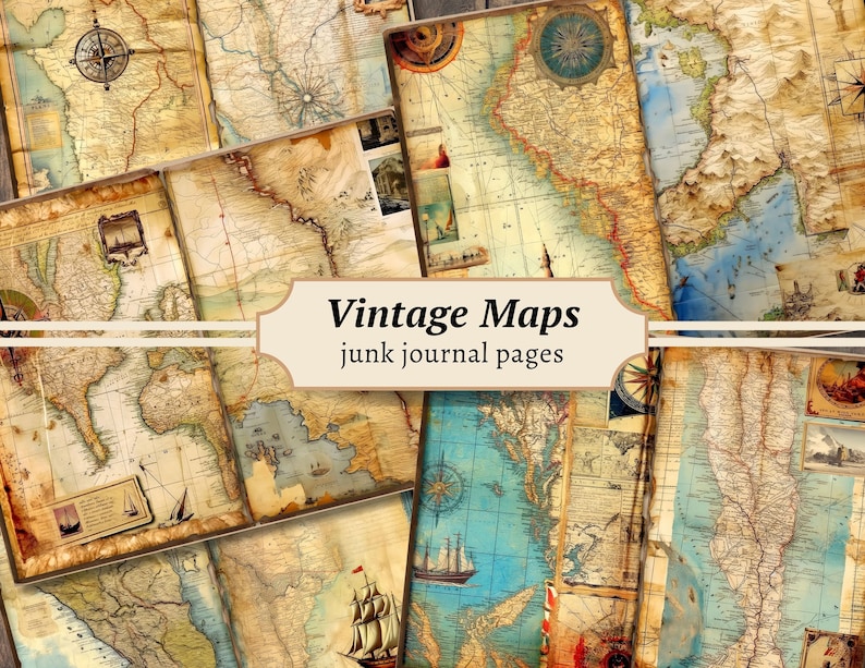 Vintage Maps Junk Journal Pages, Digital Scrapbook Paper Kit, Travel ...