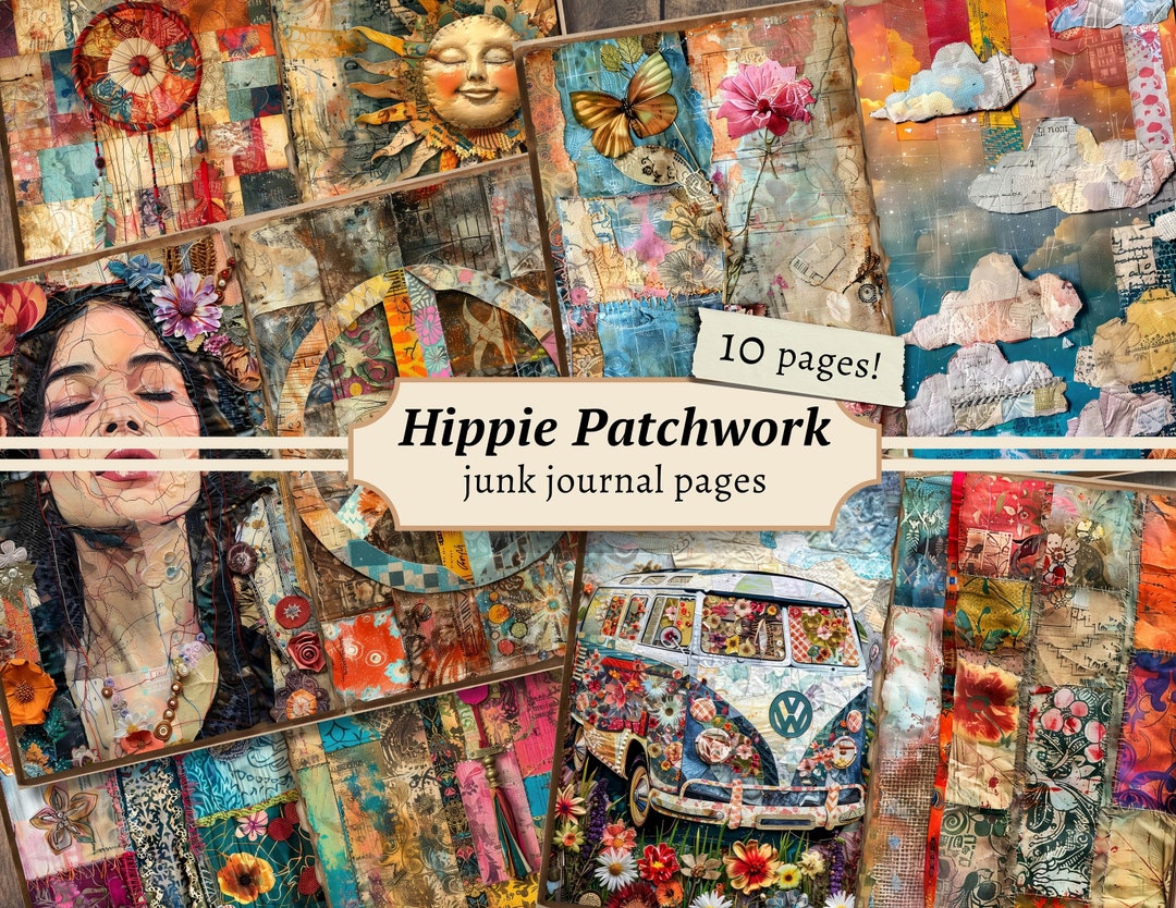 Hippie Patchwork Junk Journal Pages, Digital Scrapbook Paper Kit ...