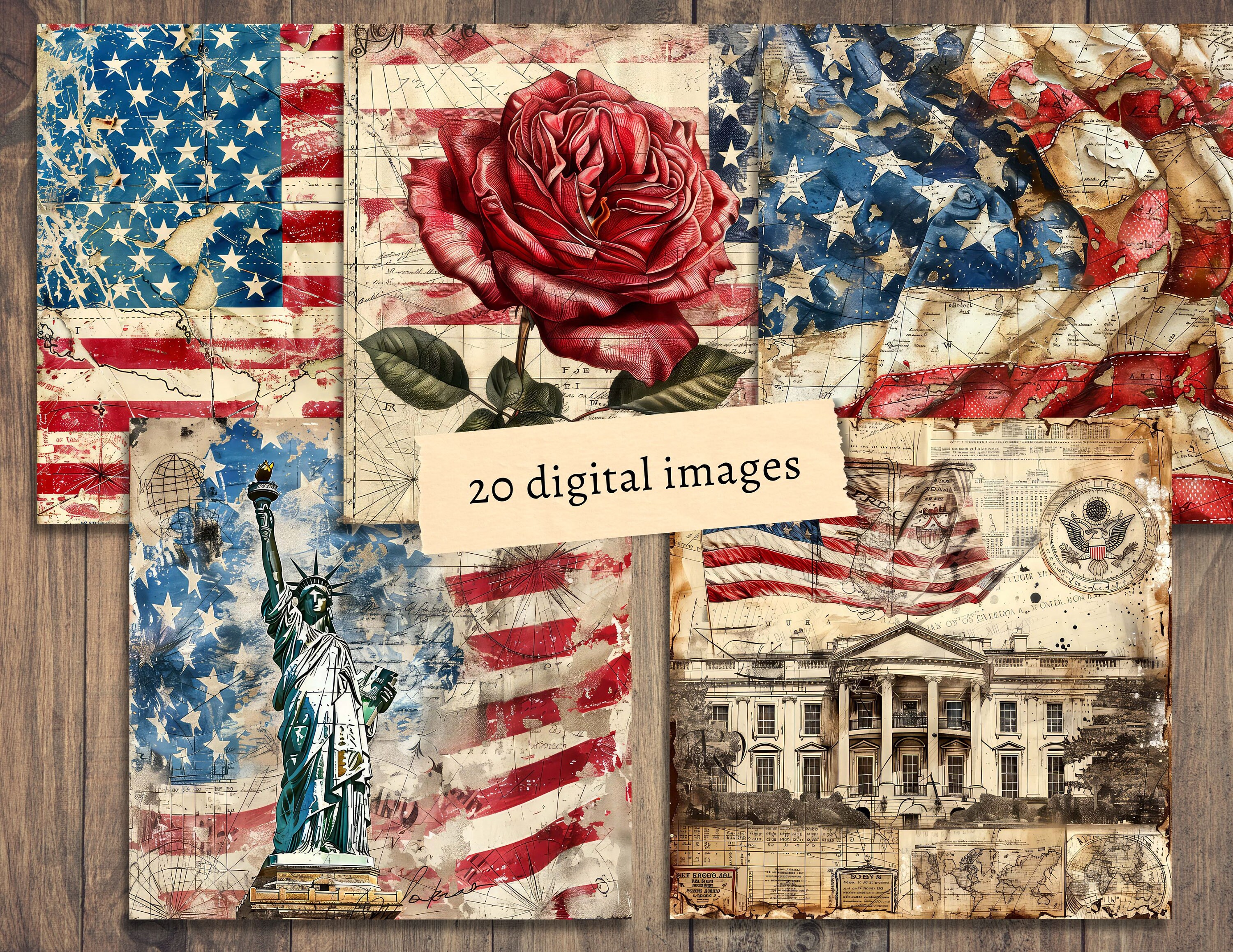 Patriotic America Digital Papers, Americana Junk Journal Page, Vintage ...