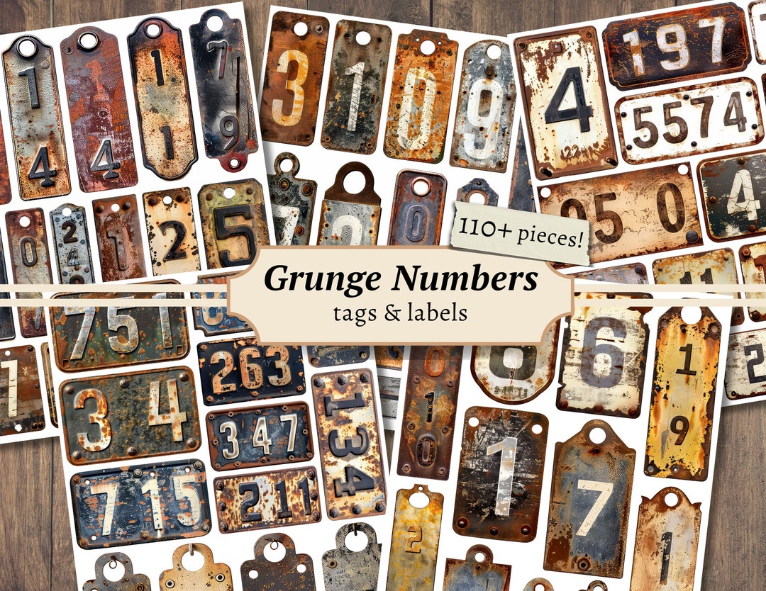 Grunge Numbers Tags & Labels, Printable Junk Journal Embellishment ...
