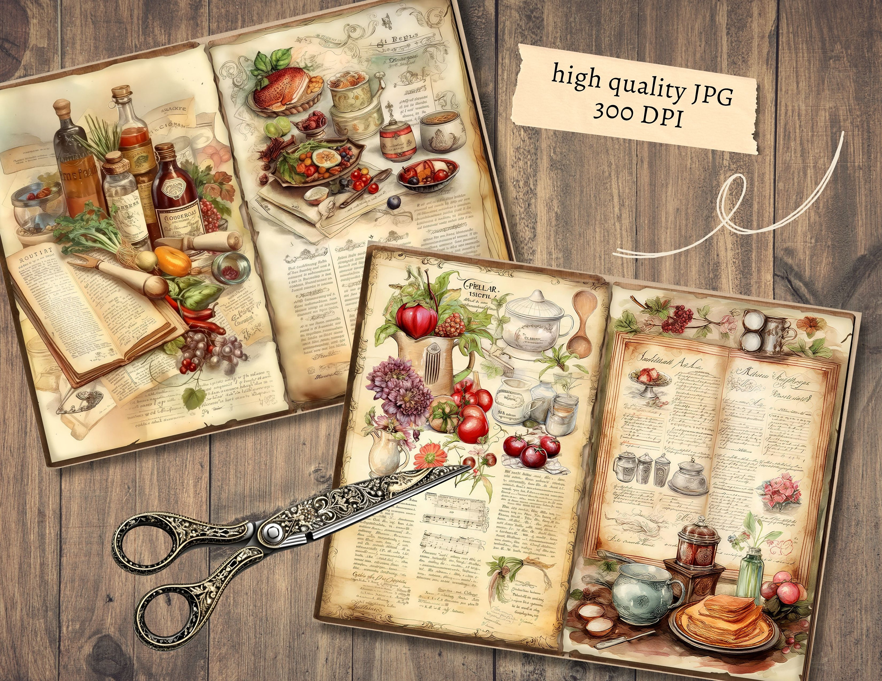 Vintage Cookbook Junk Journal Pages, Digital Scrapbook Paper Kit ...
