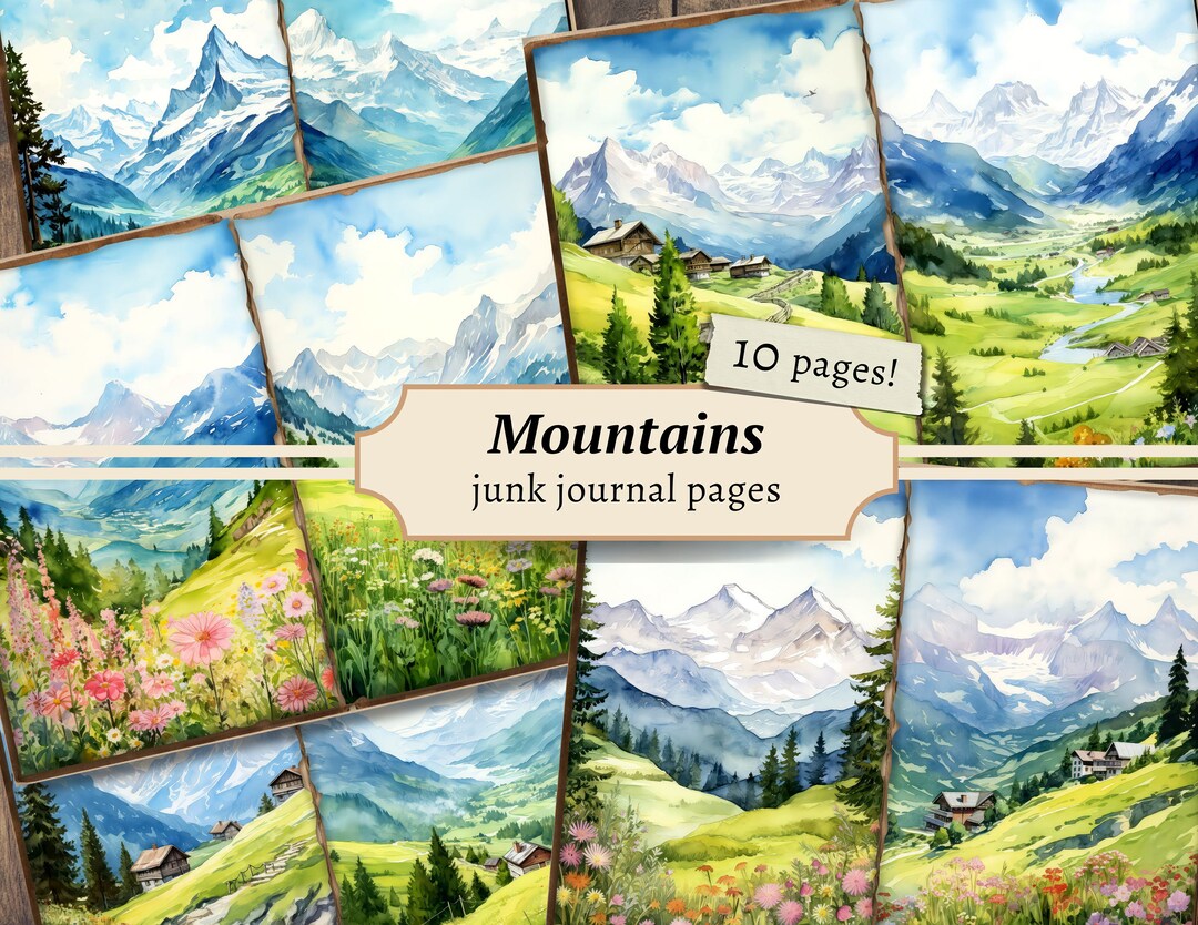 Mountains Junk Journal Pages, Digital Scrapbook Paper Kit, Landscape ...
