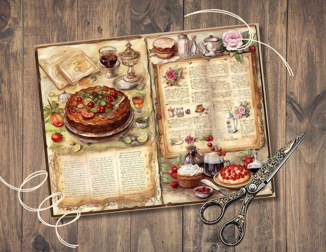 Vintage Cookbook Junk Journal Pages, Digital Scrapbook Paper Kit ...