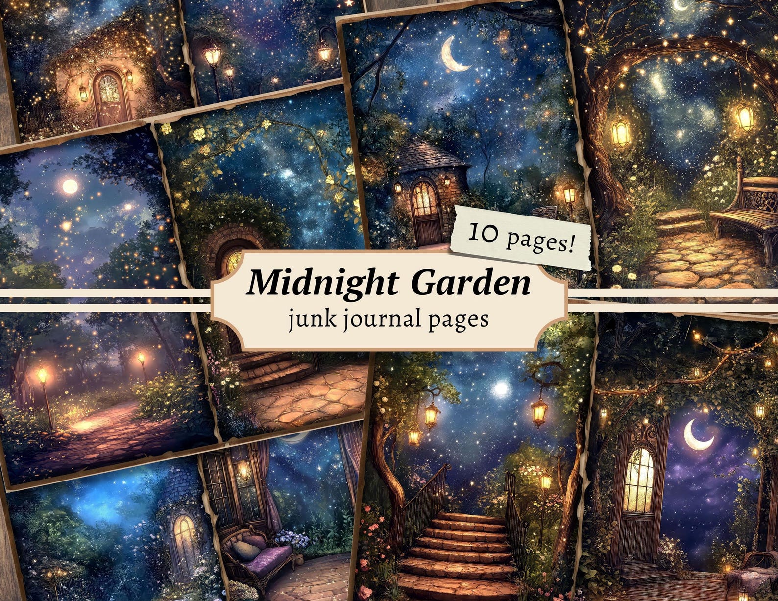 Midnight Garden Junk Journal Pages, Digital Scrapbook, Starry Sky Paper ...