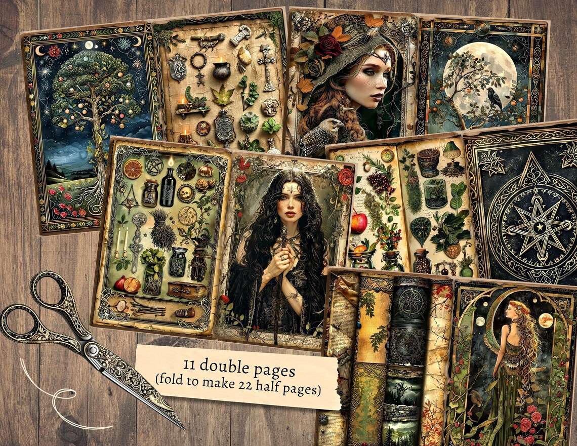 Sacred Pagan Junk Journal Kit, Digital Scrapbook Paper, Green Witch ...