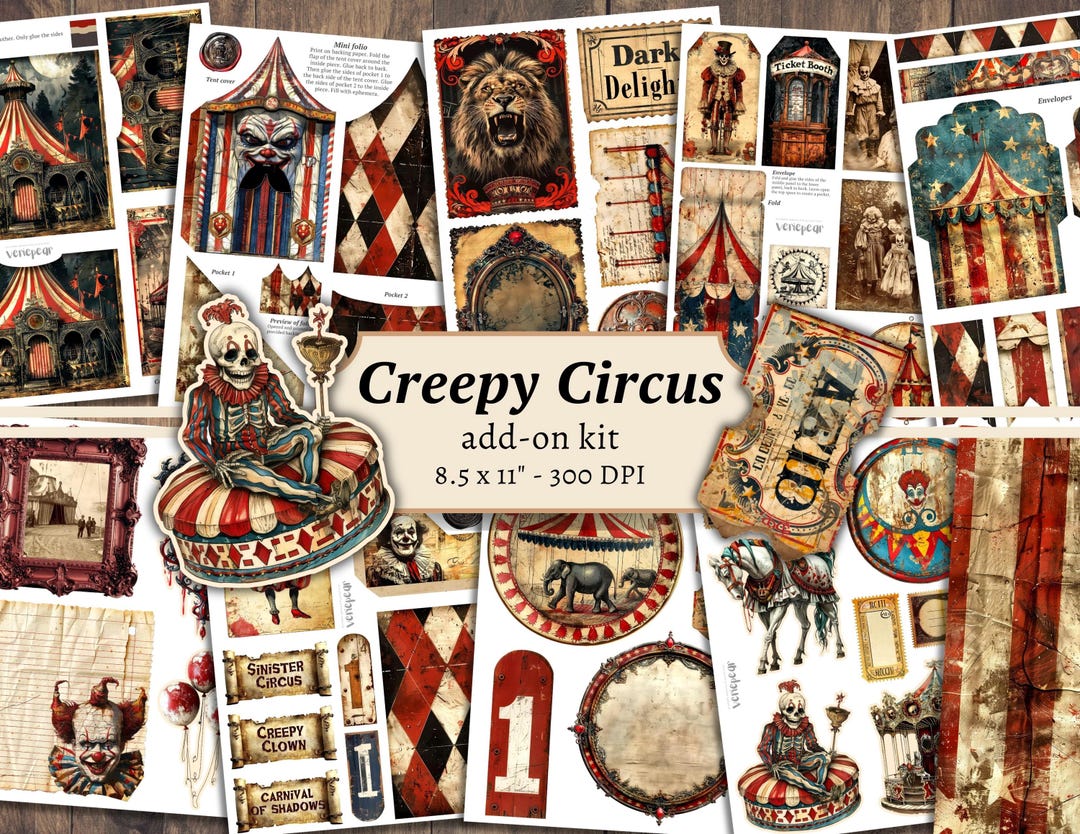 Creepy Circus Add on Junk Journal Kit, Digital Scrapbook Paper, Clown ...