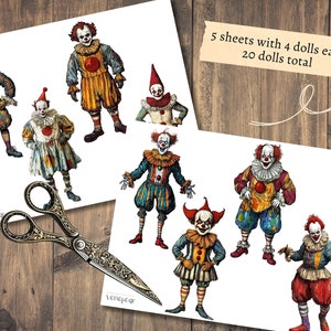 Creepy Clown Paper Dolls, Circus Fussy Cuts, Digital Ephemera, Vintage ...