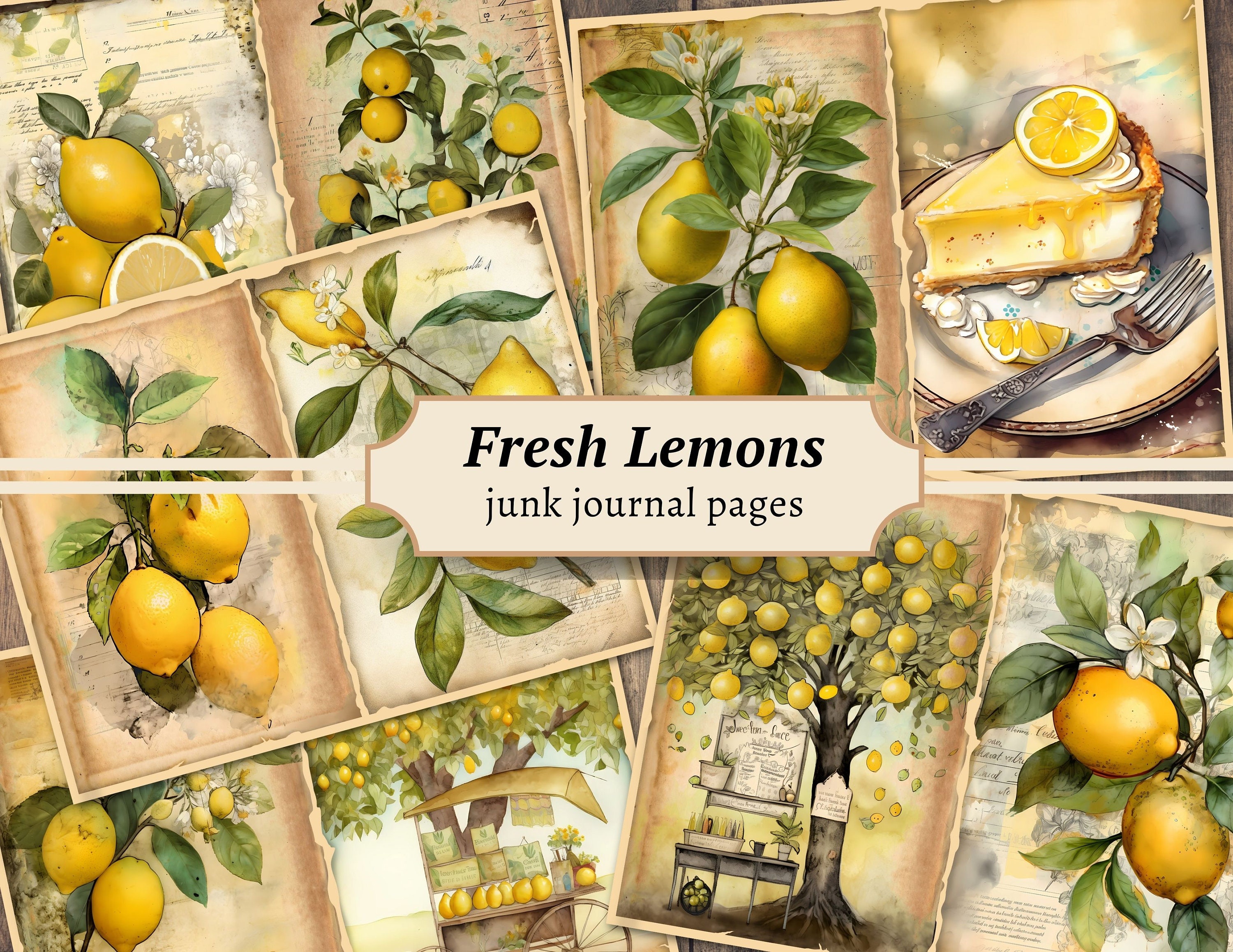 Lemon Junk Journal Pages, Digital Watercolor Scrapbook Paper, Printable ...