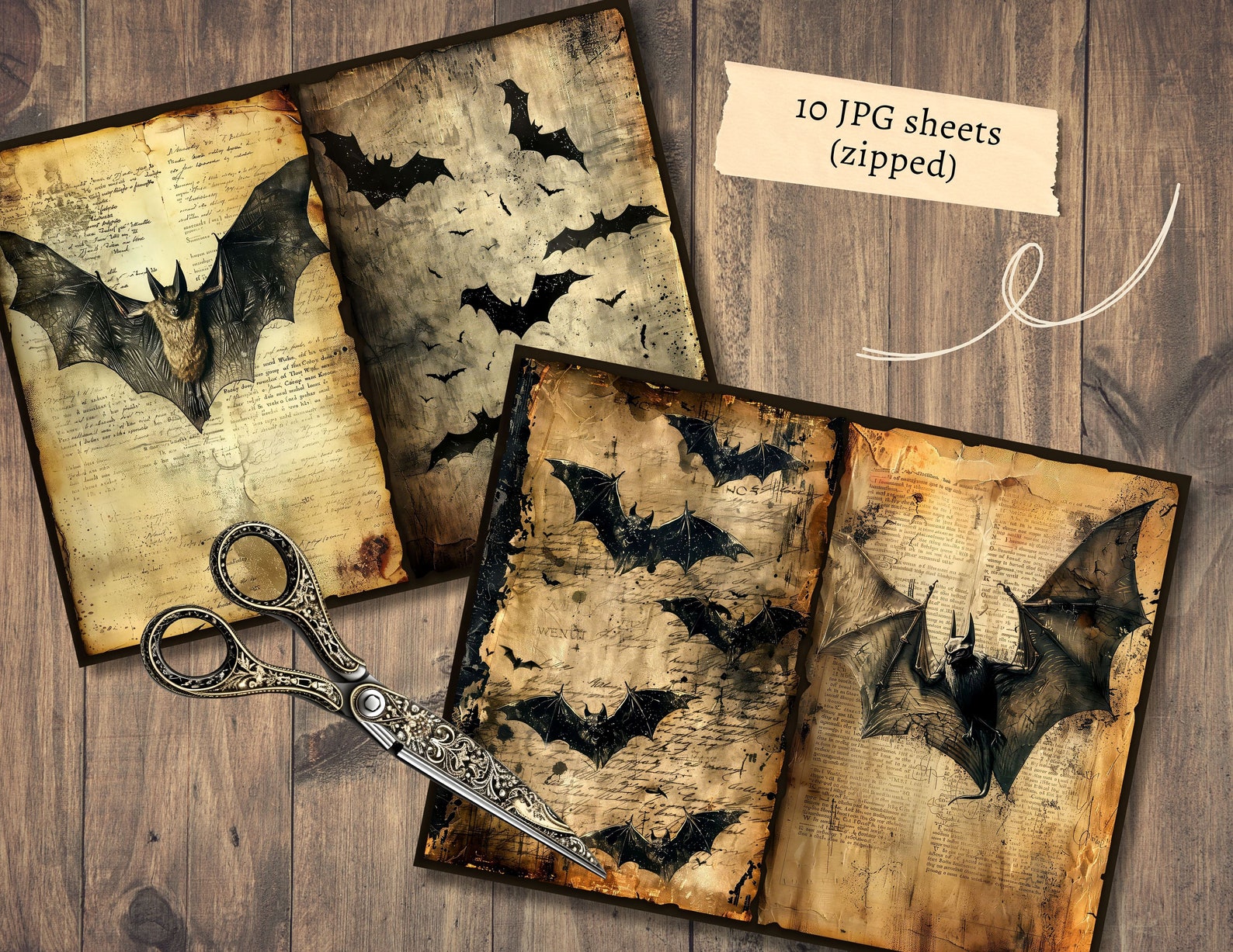 Creepy Bats Junk Journal Pages, Digital Scrapbook Paper Kit, Gothic ...
