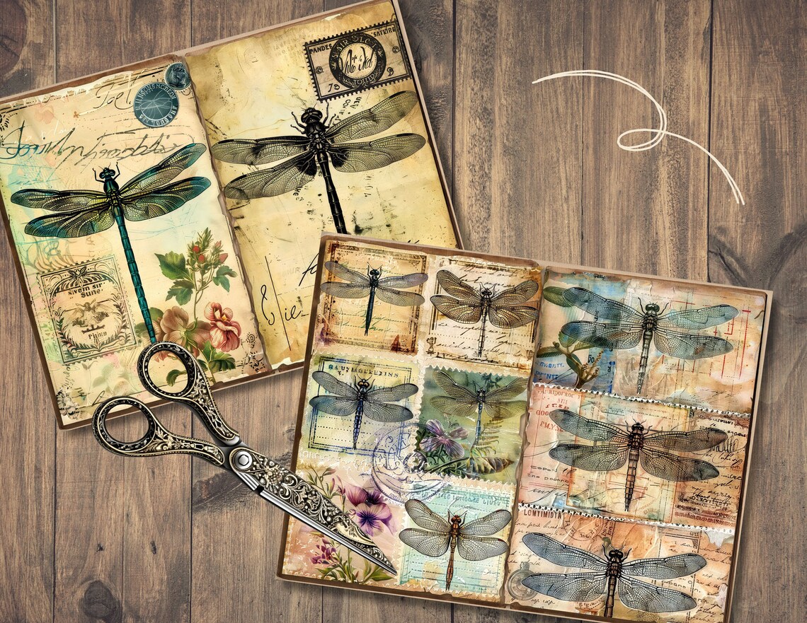 Dragonfly Junk Journal Pages, Digital Scrapbook Paper Kit, Dragonfly ...