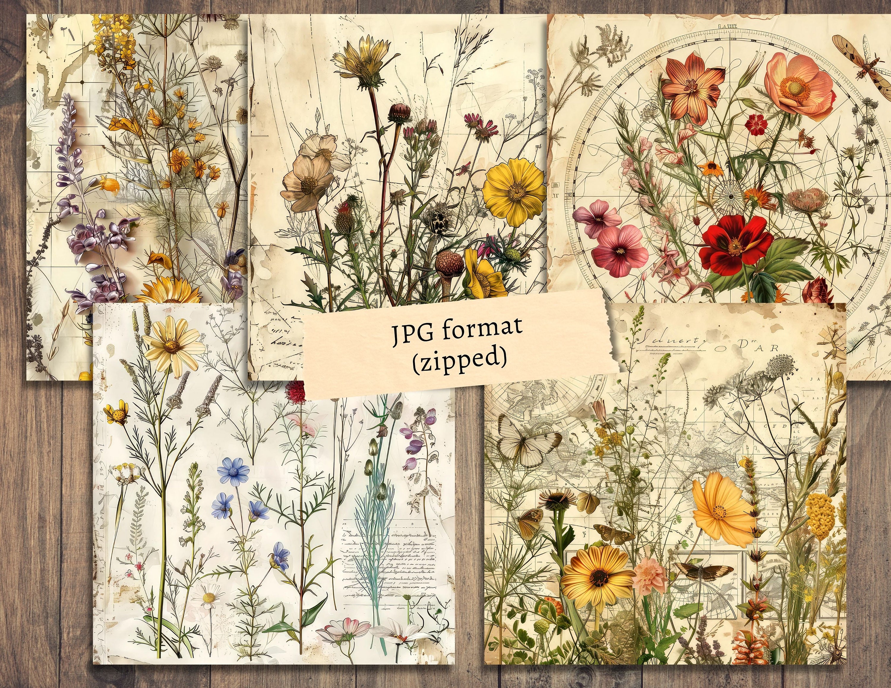 Wildflowers Digital Papers, Flowers Junk Journal Page, Vintage ...
