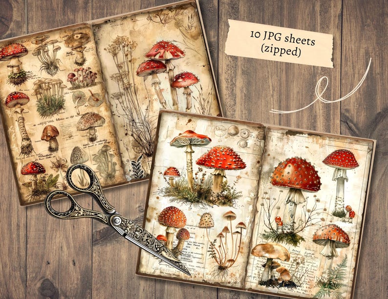 Mushroom Junk Journal Pages, Digital Scrapbook Paper Kit, Autumn Forest ...