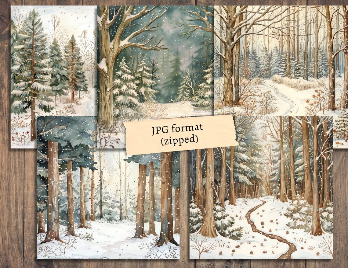 Winter Forest Digital Papers, Snowy Woodland Junk Journal Page ...