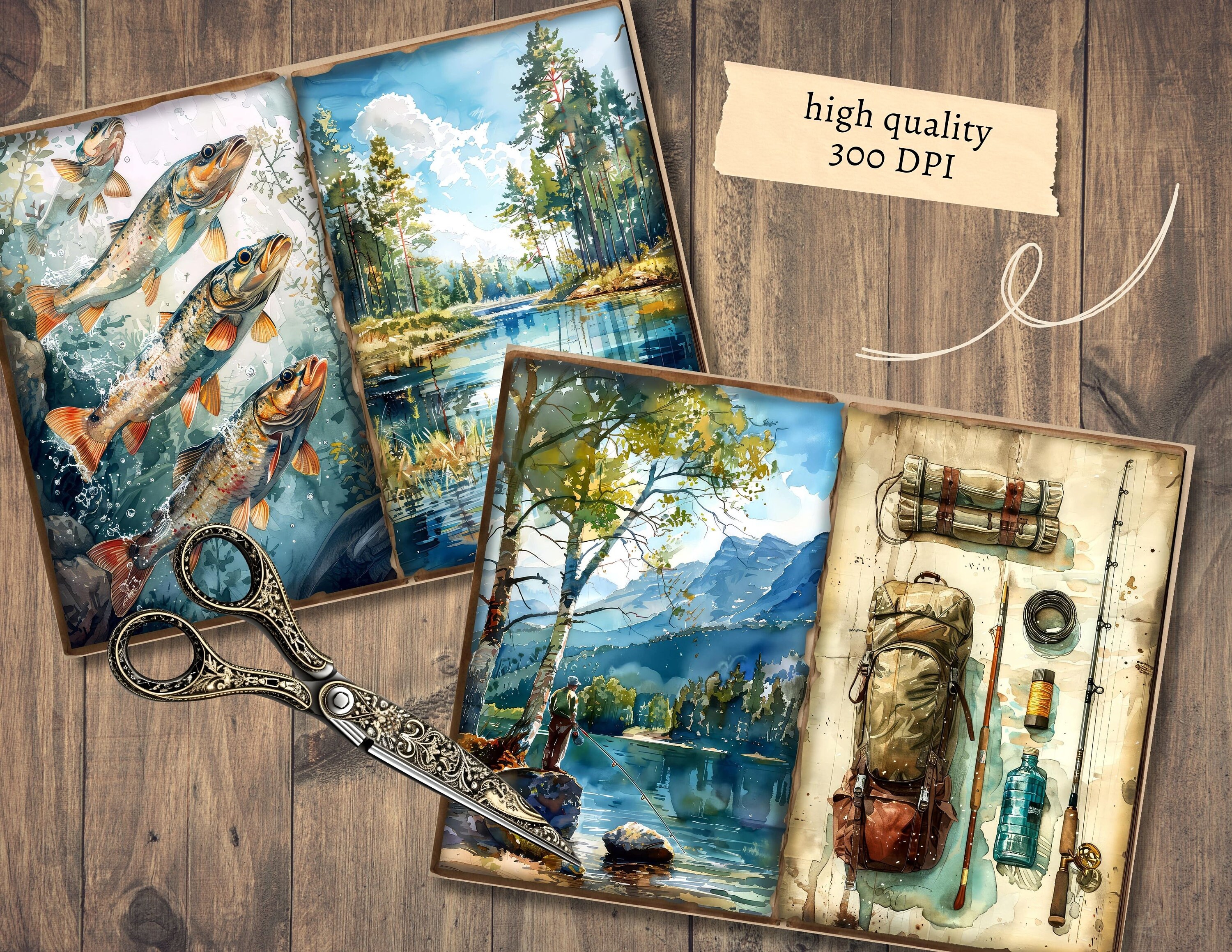 Fishing Junk Journal Pages, Digital Scrapbook Paper Kit, Fisherman ...