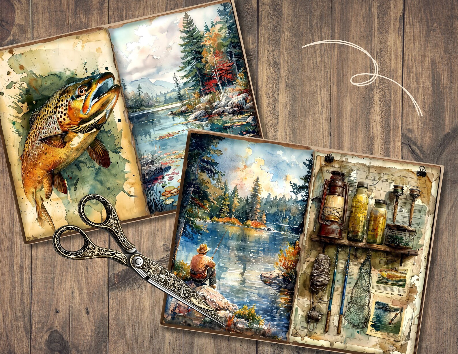 Fishing Junk Journal Pages, Digital Scrapbook Paper Kit, Fisherman ...