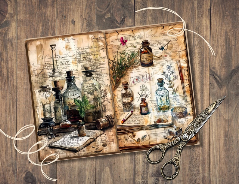Apothecary Junk Journal Pages, Digital Scrapbook Paper, Mystic Potion ...