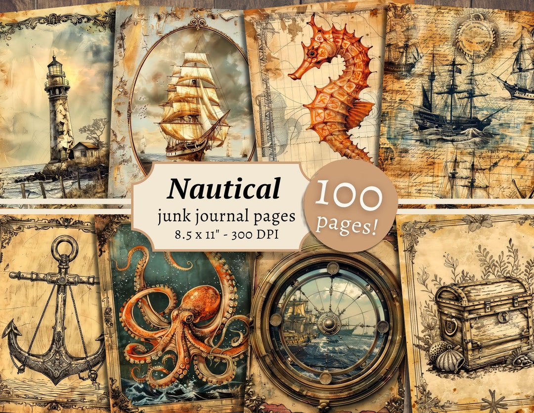 Nautical Junk Journal Pages, Digital Scrapbook Paper Kit, Ocean ...