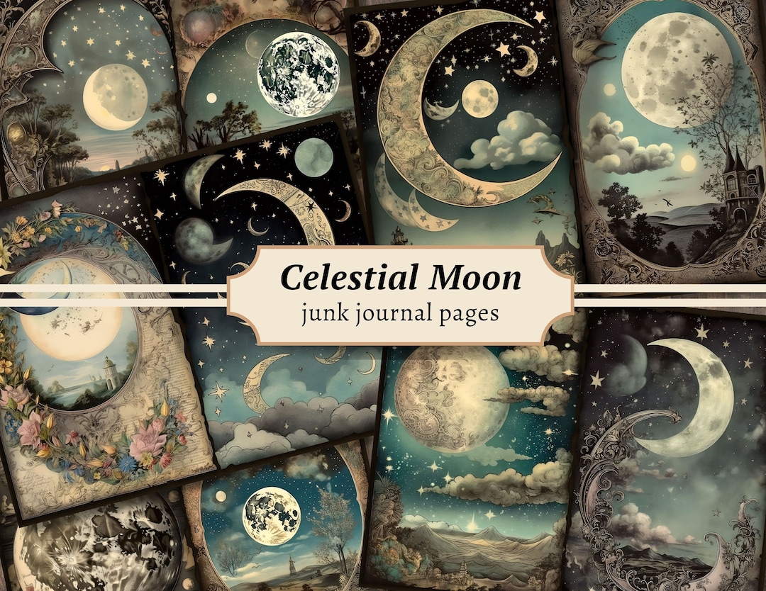 Celestial Moon Junk Journal Pages, Digital Scrapbook Paper Kit, Vintage ...