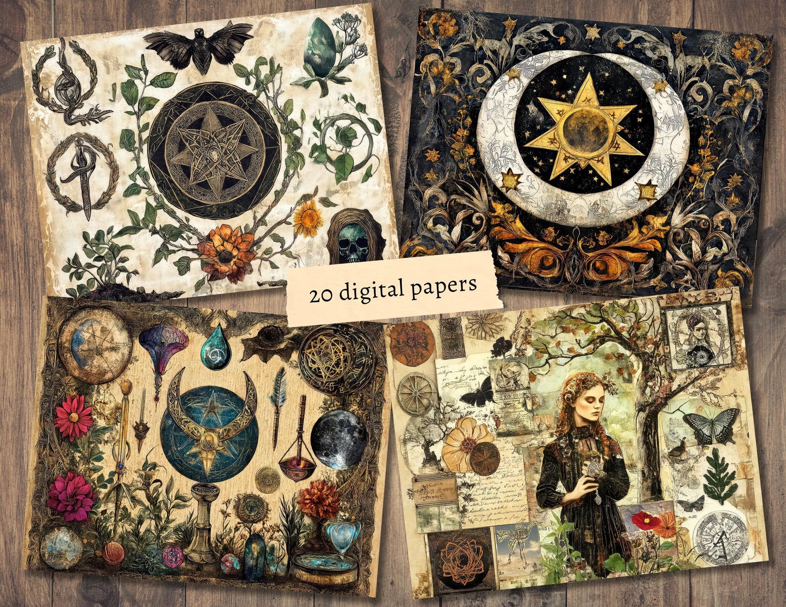 Decorative Wiccan Papers, Pagan Junk Journal Page, Digital Scrapbook ...