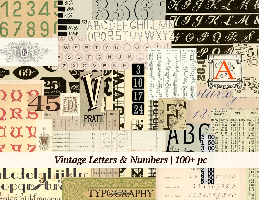 Vintage Letter & Number Printable Ephemera | 100+ Pc | Digital Junk ...