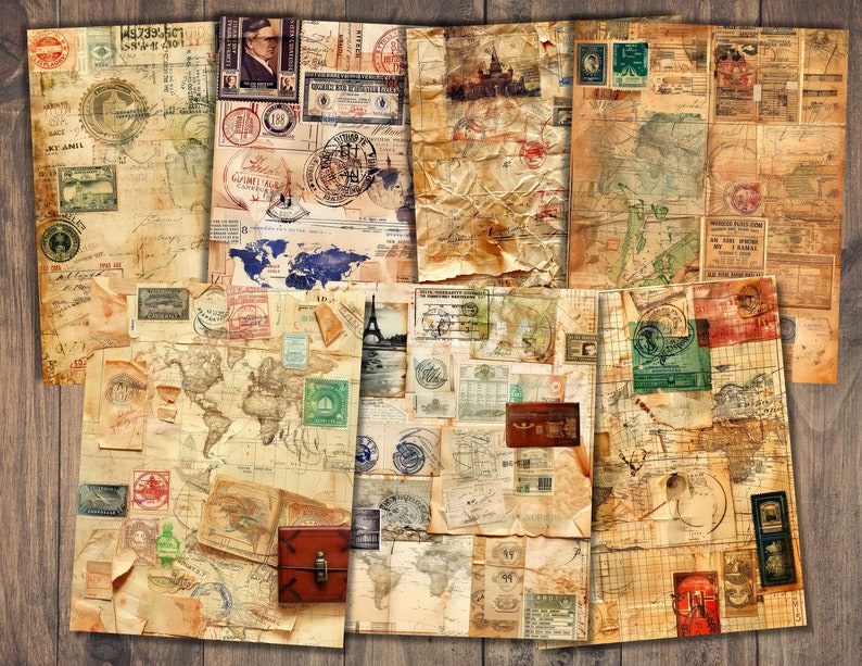 Travel Documents Digital Papers, Postage Stamps Scrapbook Kit, Maps ...