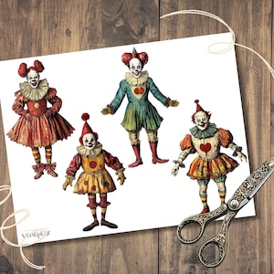 Creepy Clown Paper Dolls, Circus Fussy Cuts, Digital Ephemera, Vintage ...