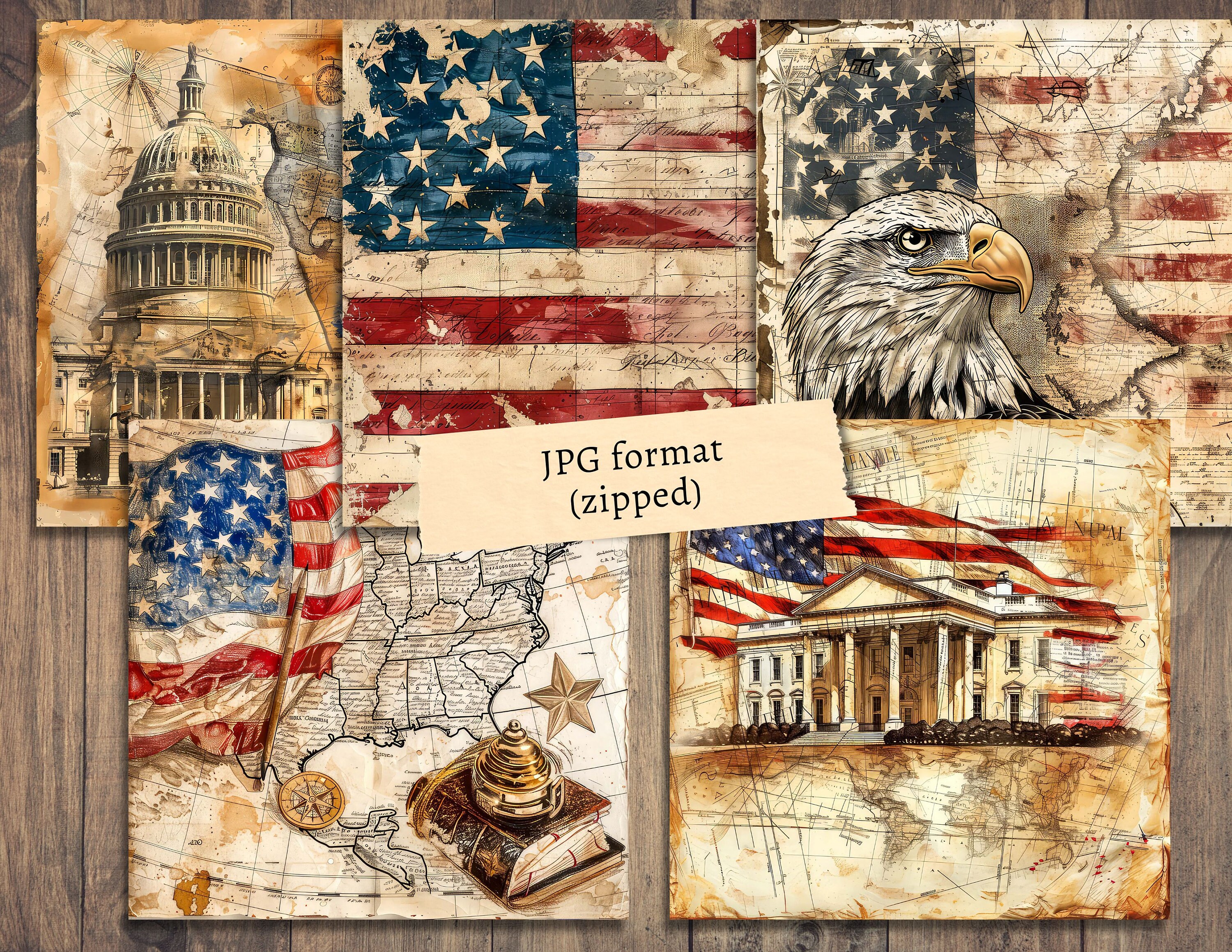 Patriotic America Digital Papers, Americana Junk Journal Page, Vintage ...