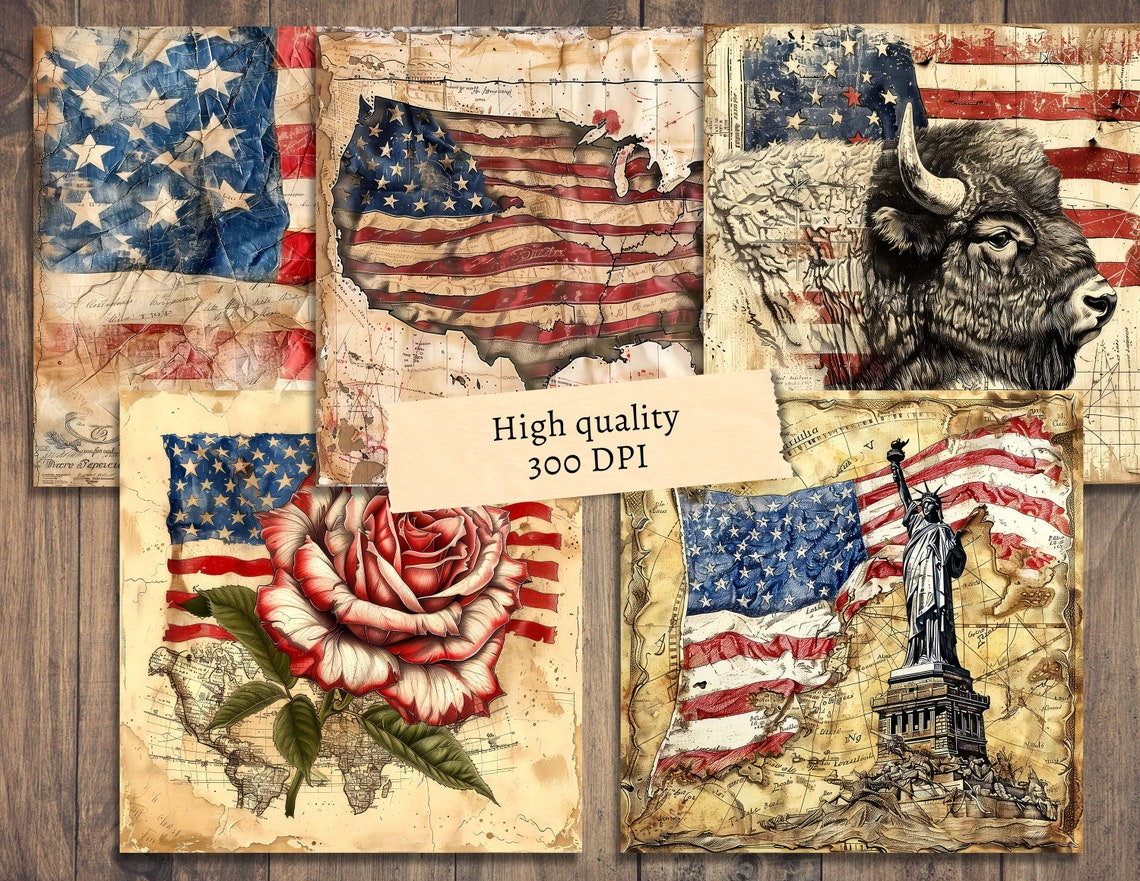 Patriotic America Digital Papers, Americana Junk Journal Page, Vintage ...