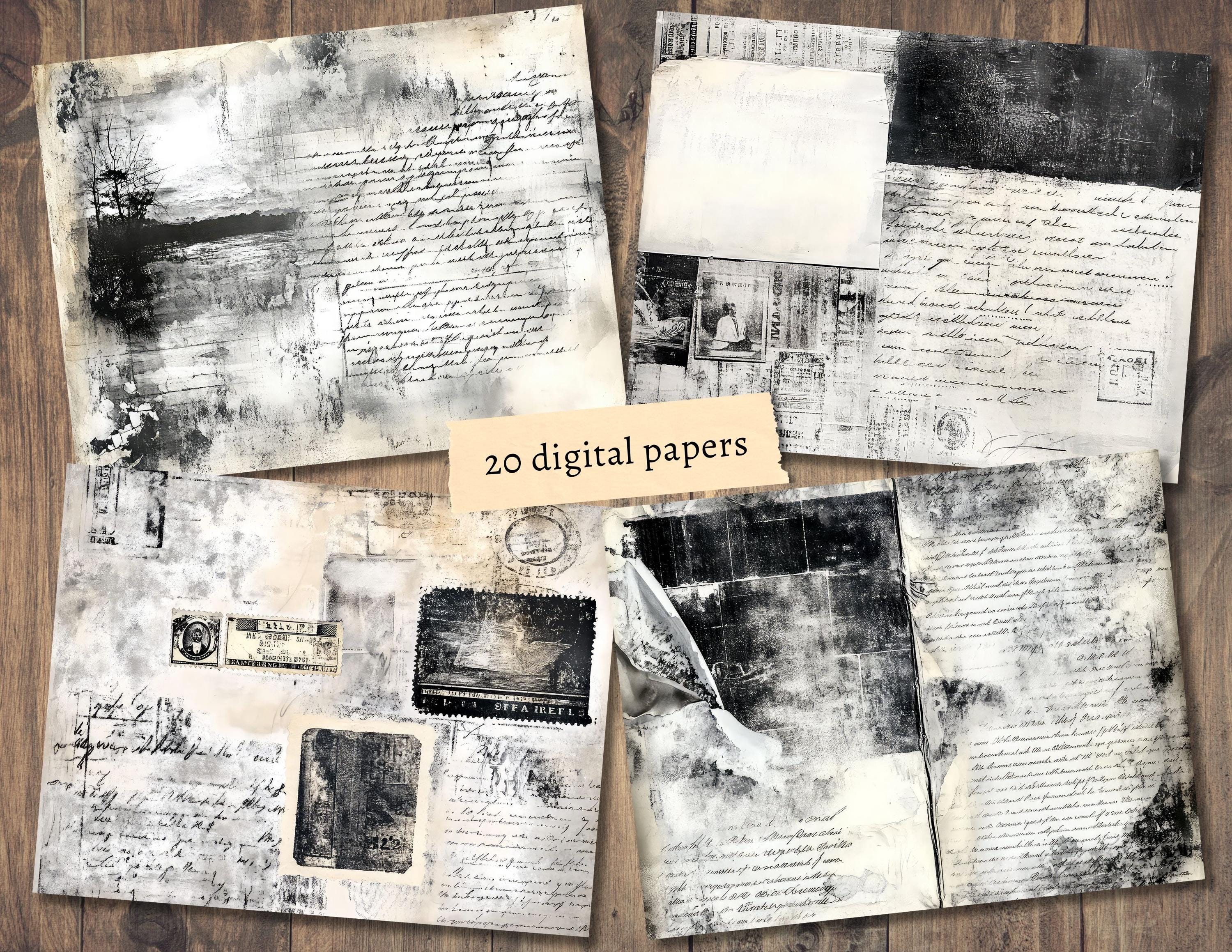 Monochrome Collage Papers, Dark Grunge Junk Journal Page, Digital ...