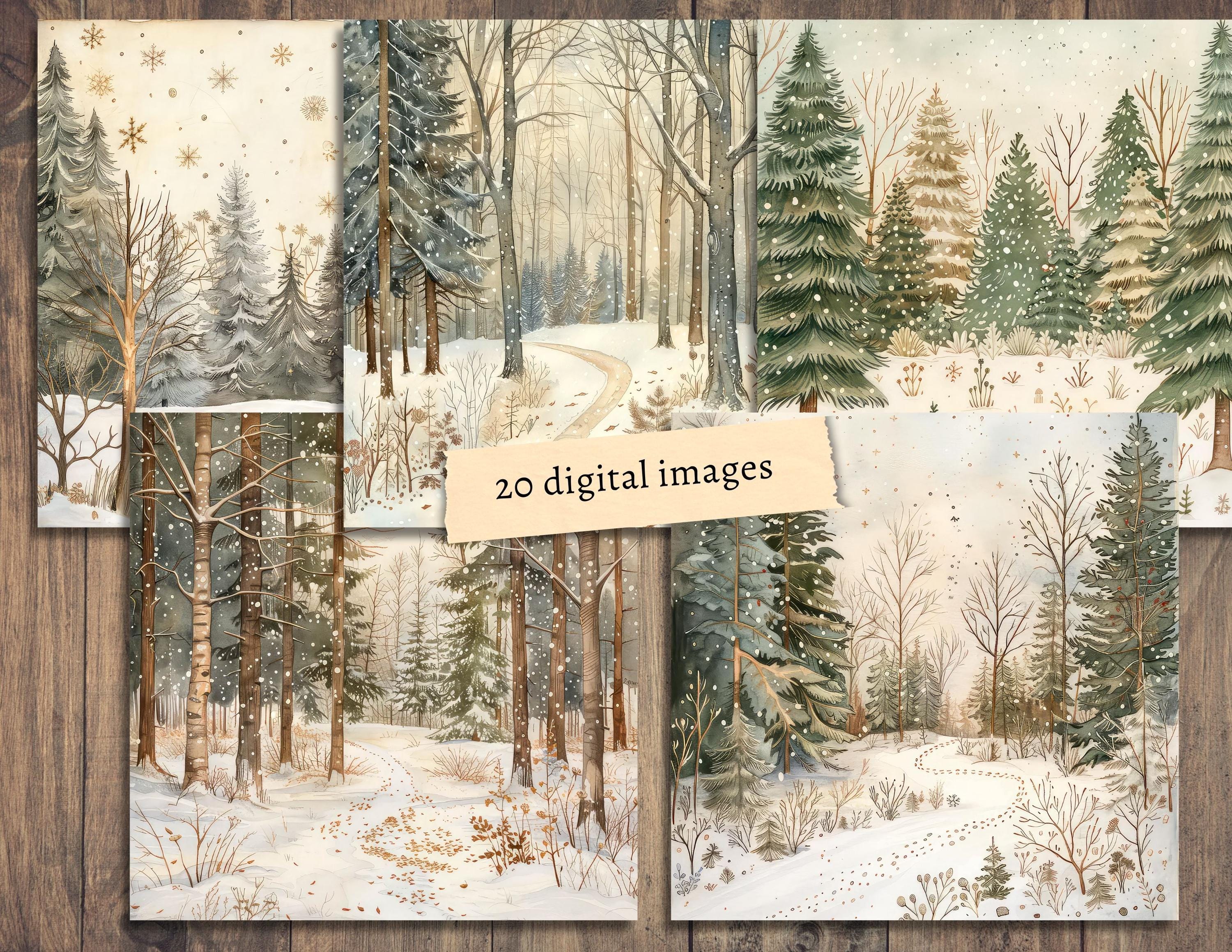 Winter Forest Digital Papers, Snowy Woodland Junk Journal Page ...