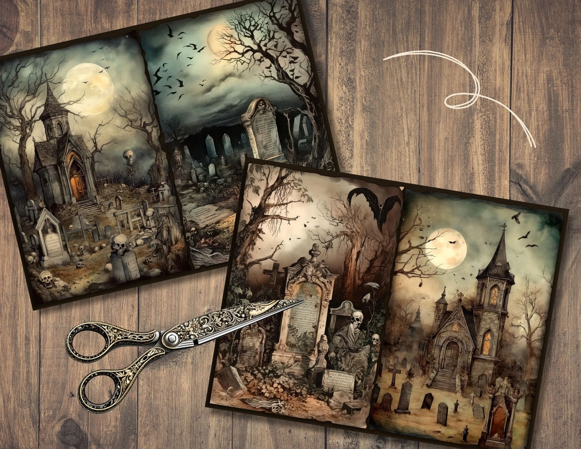 Creepy Graveyard Junk Journal Pages, Digital Scrapbook Paper Kit ...