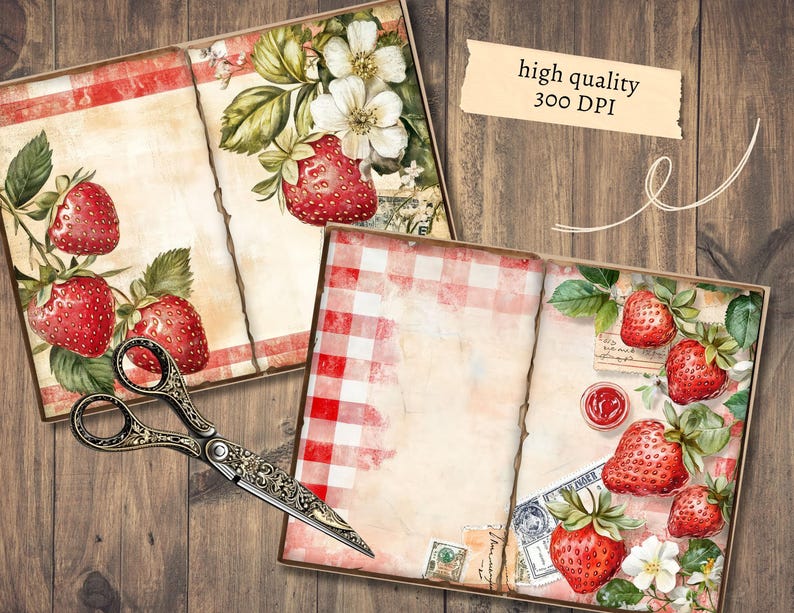 Strawberry Junk Journal Pages, Digital Scrapbook Paper, Gingham ...